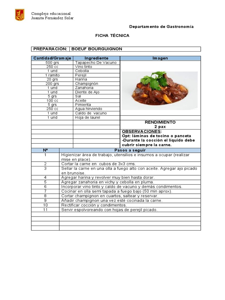 Fiche Technique Boeuf Bourguignon