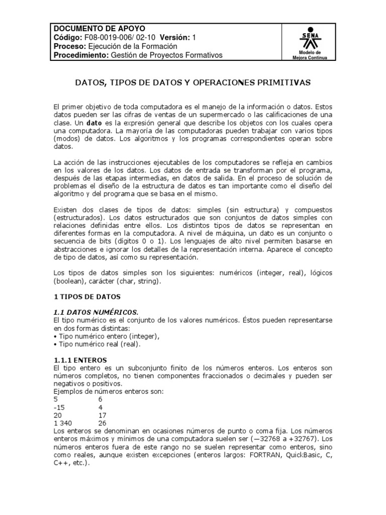 1.1 Datos y Tipos de Datos y Operaciones Primitivas PDF | PDF ...