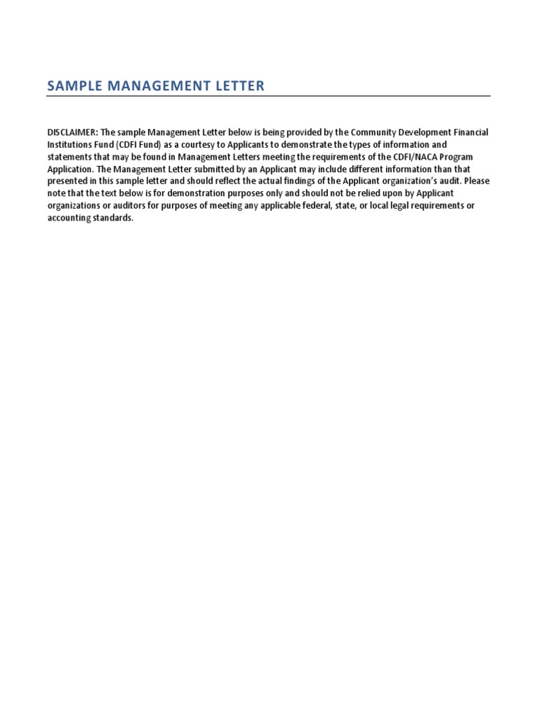 Sample Management Letter - CDFI Fund | Download Free PDF | Audit ...
