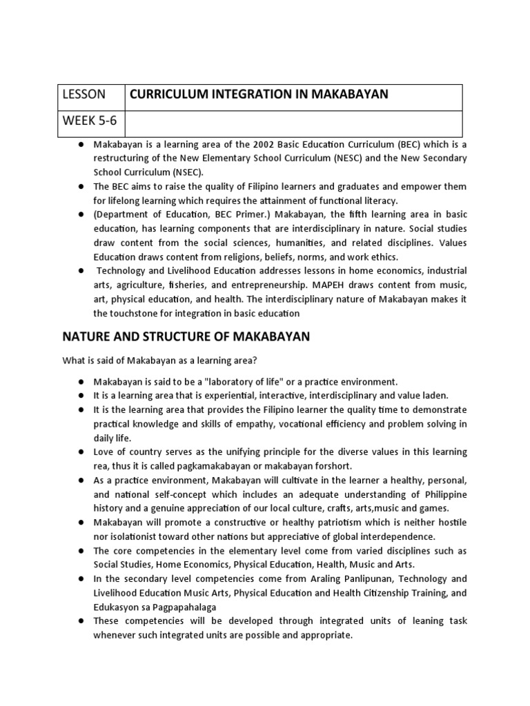 Week 5-6 Curriculum Integration in Makabayan | PDF | Learning | Teachers