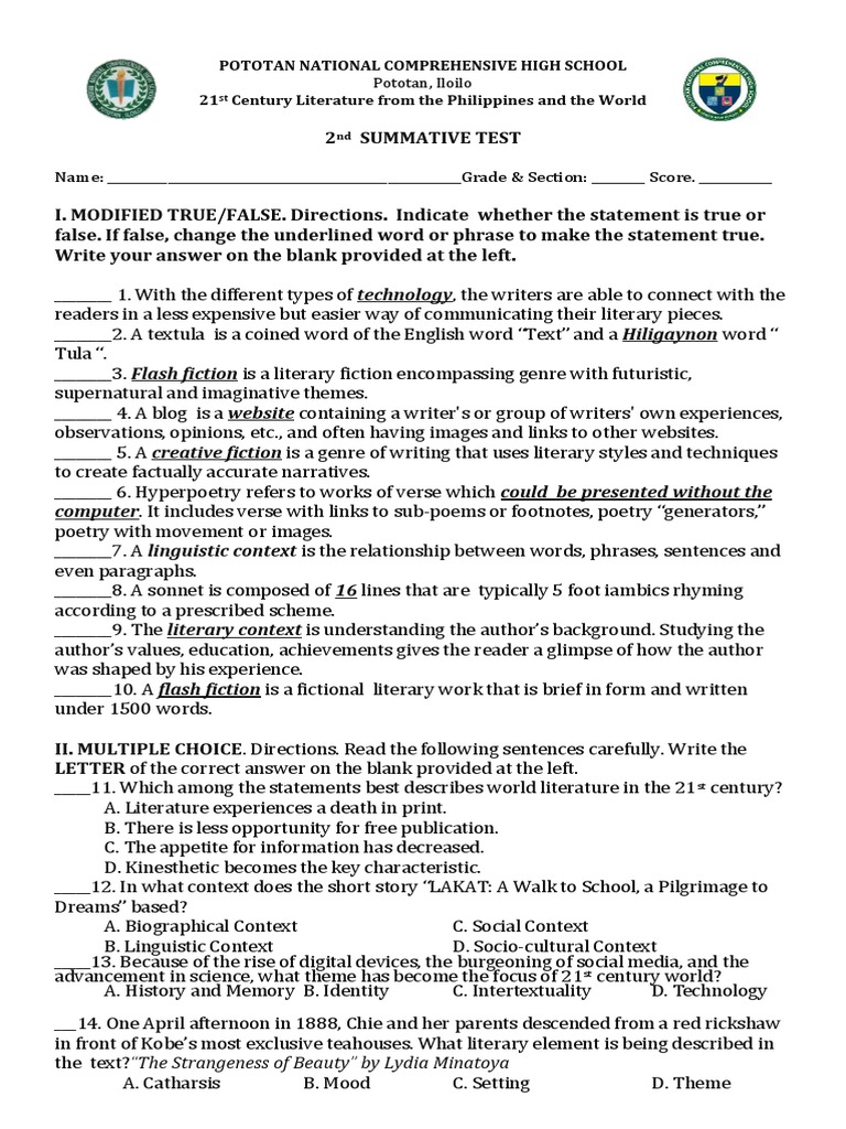 2nd Summative Test - Edited.21st Century Lit - Final2020-2021 PDF | PDF ...