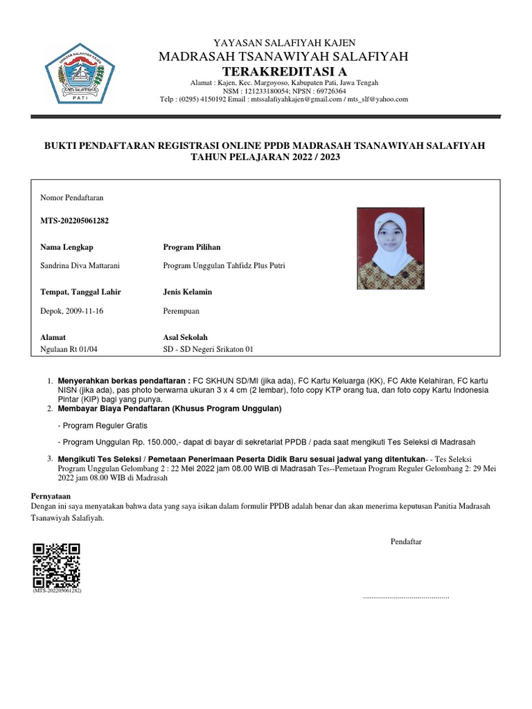 Formulir Pendaftaran MTS 202205061282 | PDF