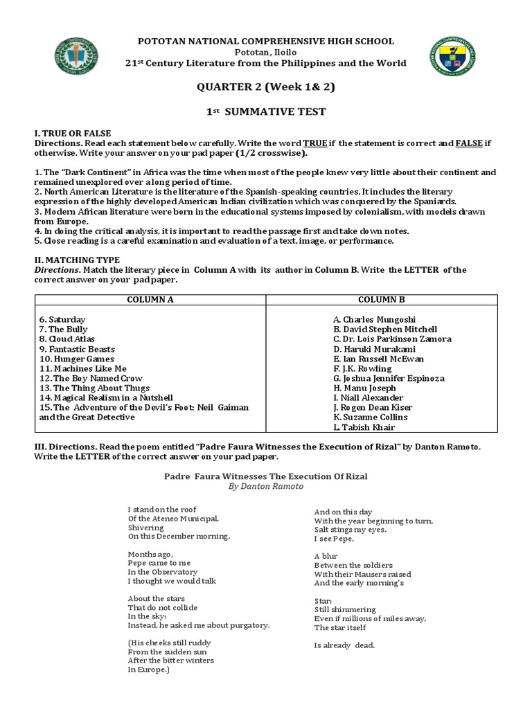 1st Summative Test - quarter2.21stCenturyLit.2020-2021 | PDF