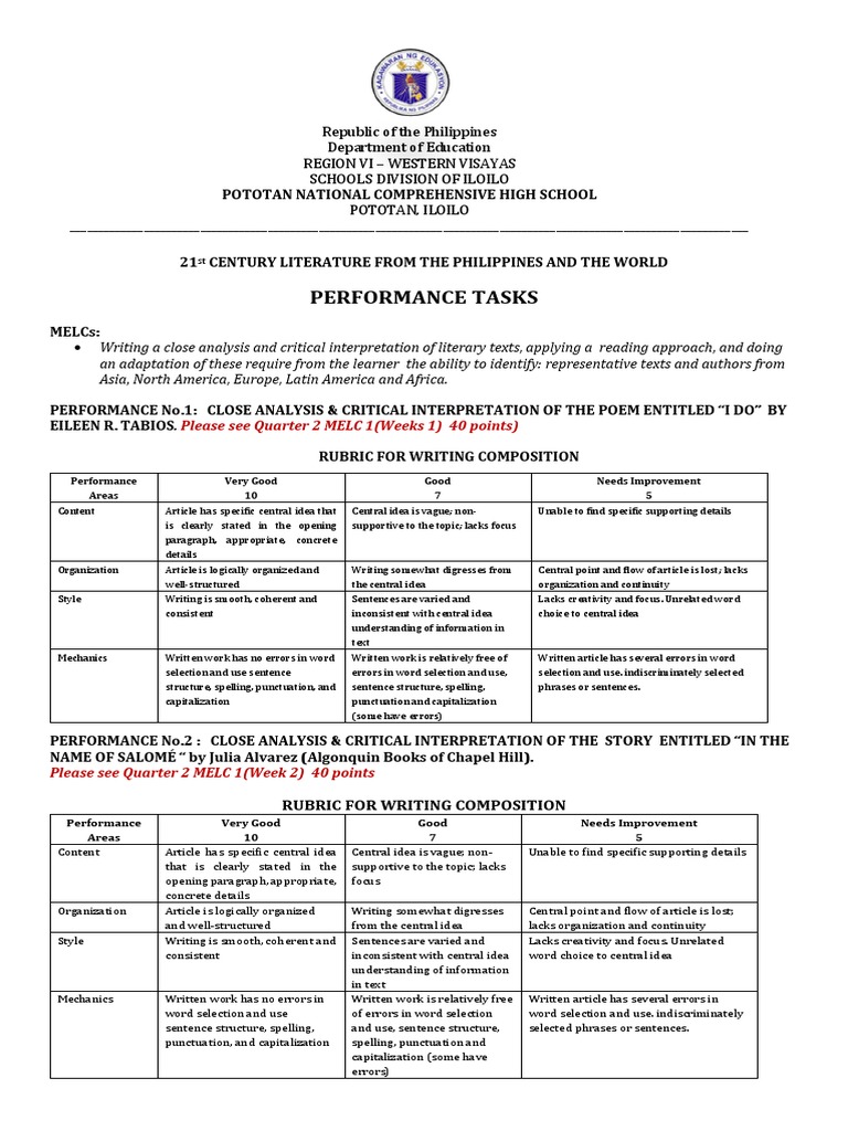 Performance Tasks. 2nd Quarter | PDF