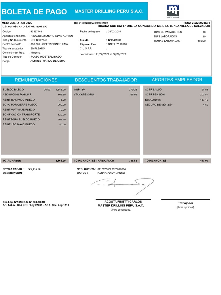 Boleta de Pago: Master Drilling Peru S.A.C | PDF