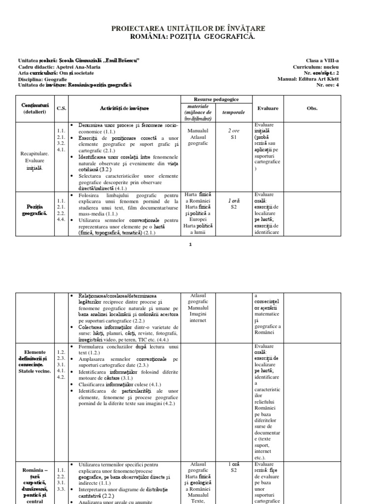 Planificare Geografie Unitati Invatare | PDF