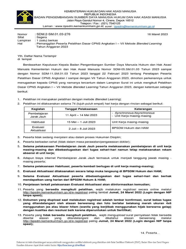 Surat Pemanggilan Peserta Latsar Gel I | PDF