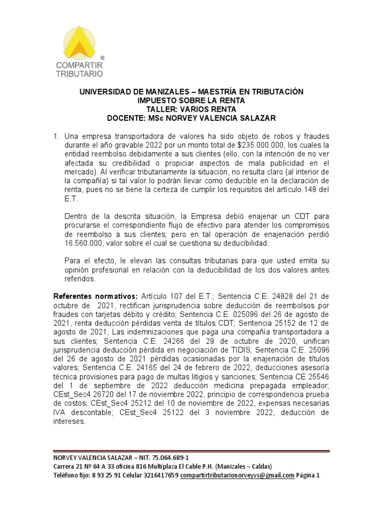 Taller casos varios renta.docx | PDF | Impuestos | Contabilidad