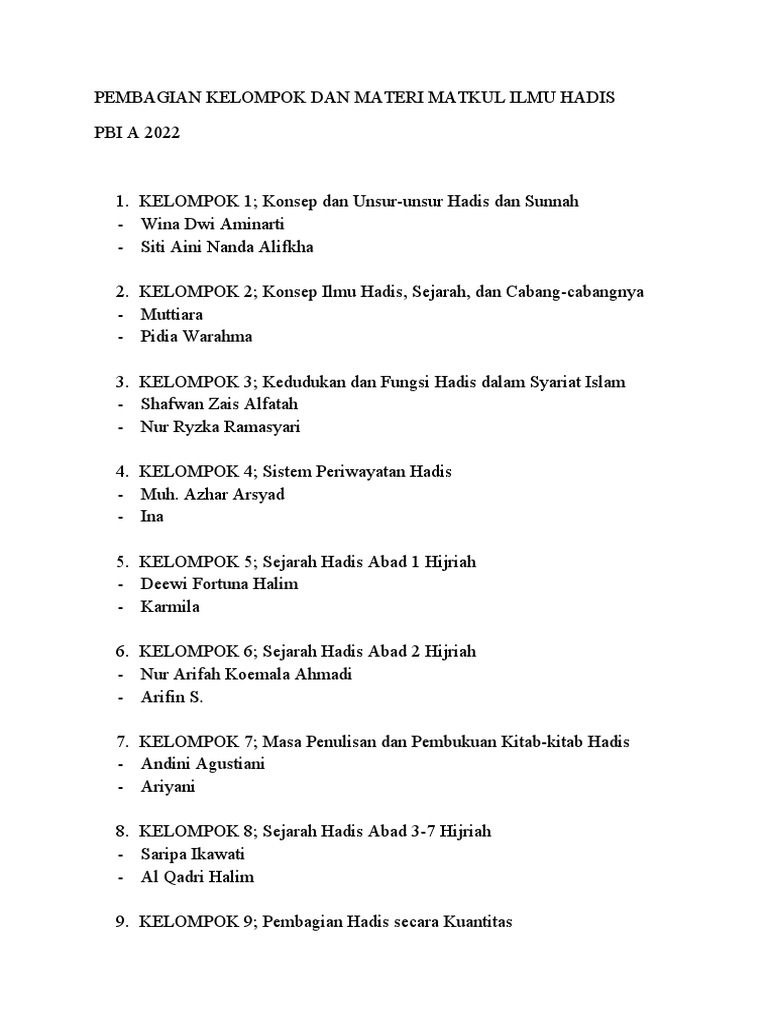 Pembagian Kelompok Dan Materi Matkul Ilmu Hadis | PDF