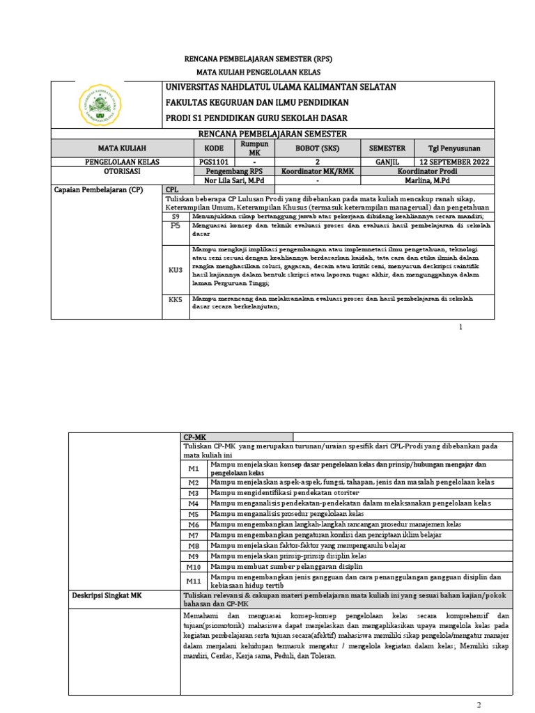 RPS Pengelolaan Kelas | PDF