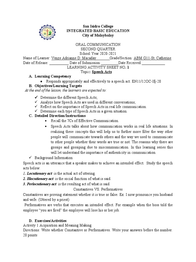 ORAL COM LAS 1-2 - 2nd Grading | PDF | Speech | Communication