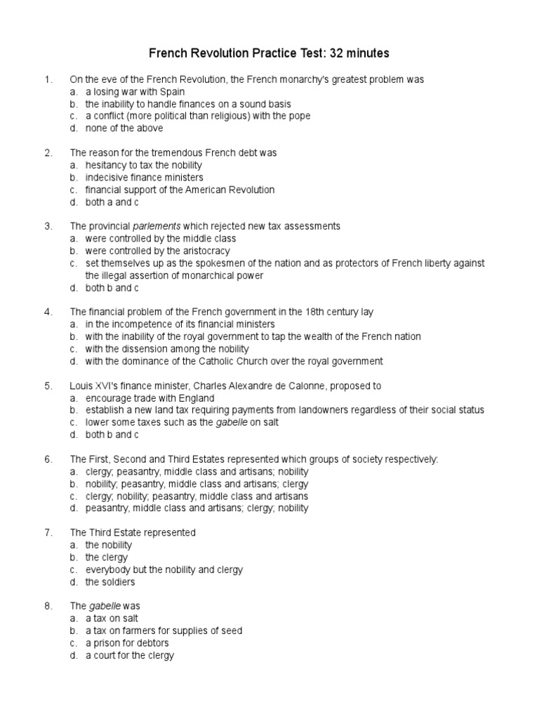 French Revolution Practice Test Guide | PDF | French Revolution | Reign ...