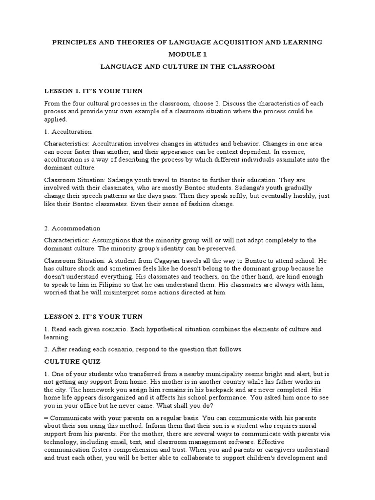 Principles and Theories of Language Acquisition and Learning - Module 1 - Language and Culture ...
