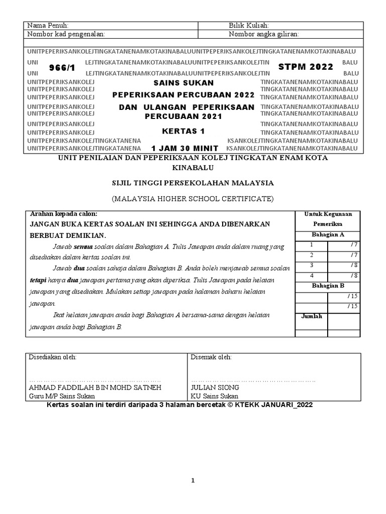 Skema Jawapan Peperiksaan Percubaan Dan Ulangan Sem 1 Tahun 2022 | PDF