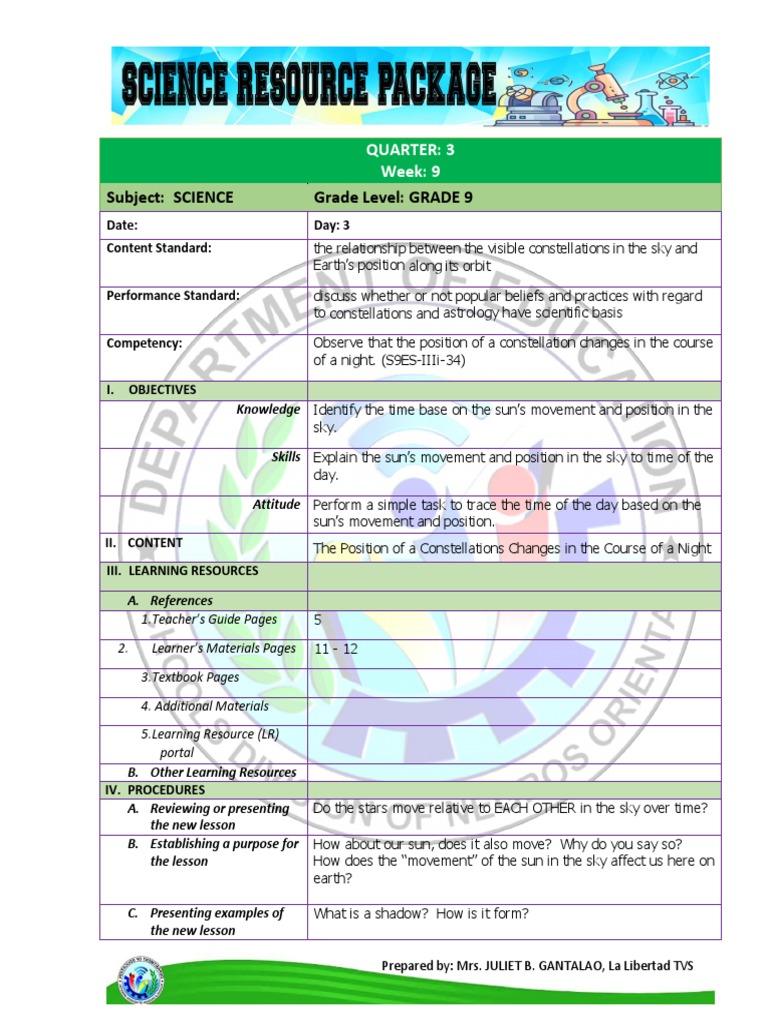 Subject: SCIENCE Grade Level: GRADE 9: Quarter: 3 Week: 9 | PDF