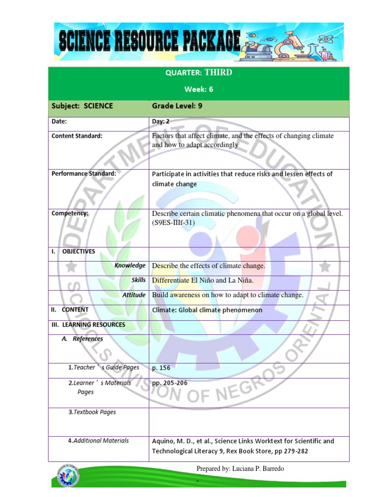 Subject: SCIENCE Grade Level: 9: Quarter: Third Week: 6 | PDF ...