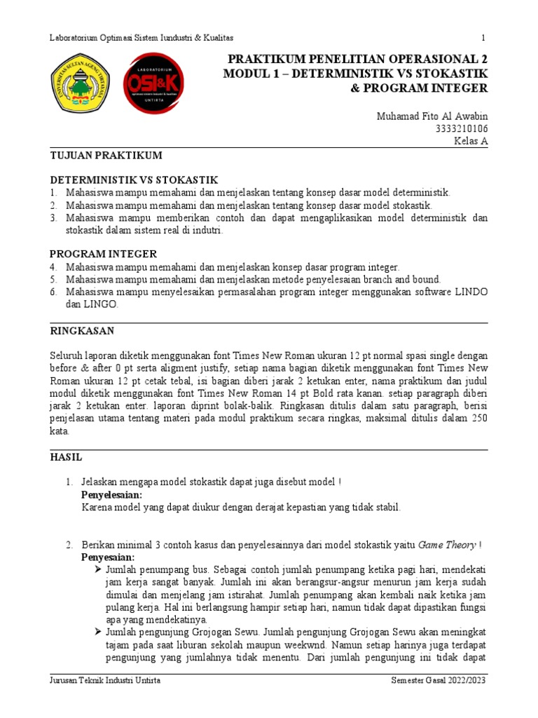 Praktikum Model Deterministik dan Stokastik | PDF | Metode & Bahan Ajar ...