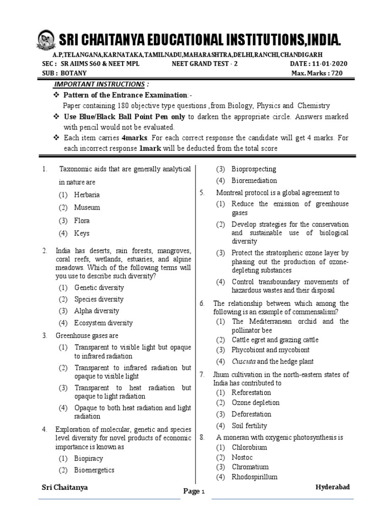 Sri Chaitanya Educational Institutions, India.: Important Instructions ...