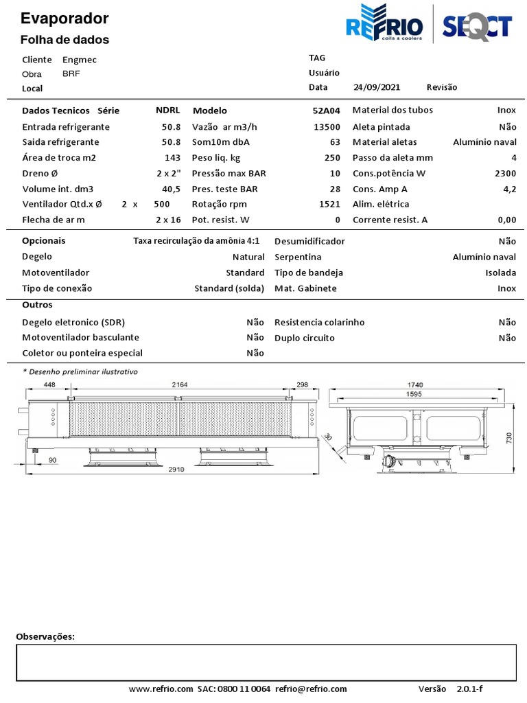 8000 - 18913 R01 Folha de Dados - Evaporador | PDF