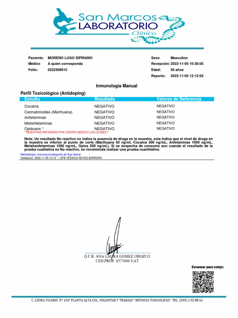 Inmunología Manual Perfil Toxicológico (Antidoping) : Estudio Resultado ...