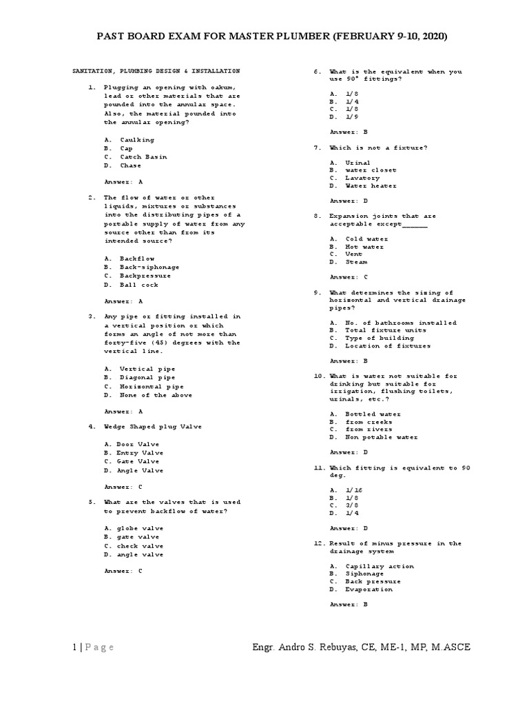 Master Plumber Exam Review 2020 | PDF | Plumbing | Toilet