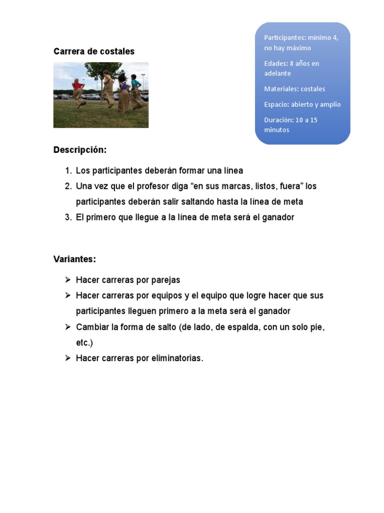 Carrera de Costales: Reglas y Variantes | PDF
