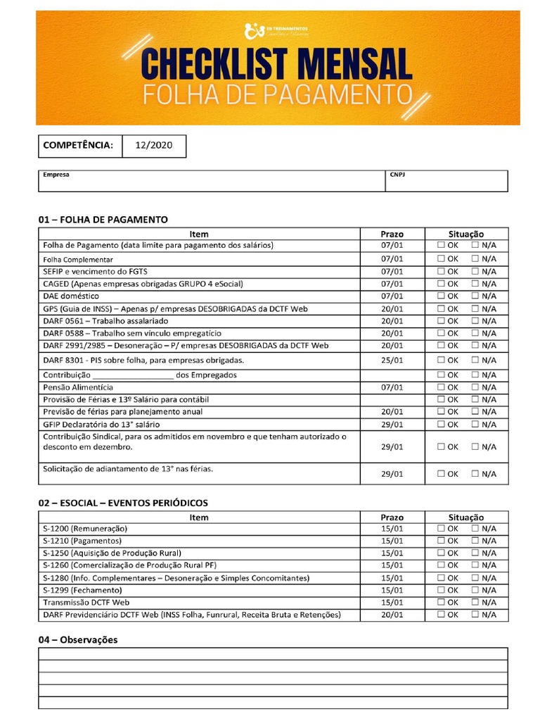 CheckList Mensal Folha de Pagamento e Esocial PDF | PDF