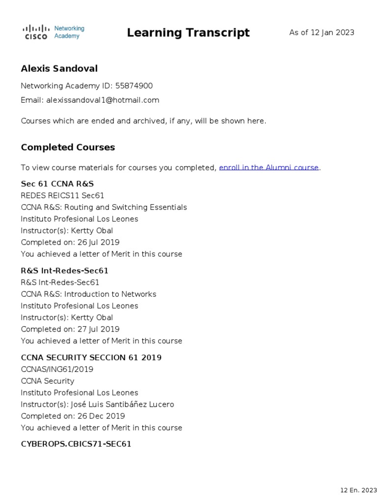 NetAcad Learning Transcript | PDF