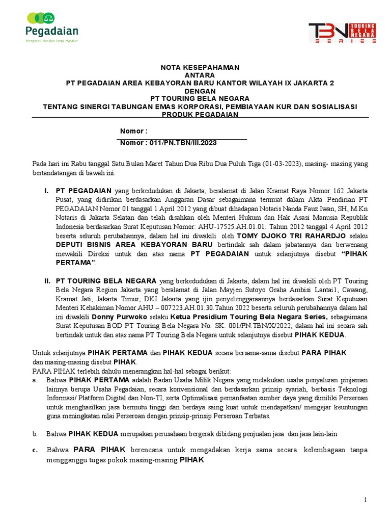 PT Pegadaian Draft MOU PT TBN | PDF