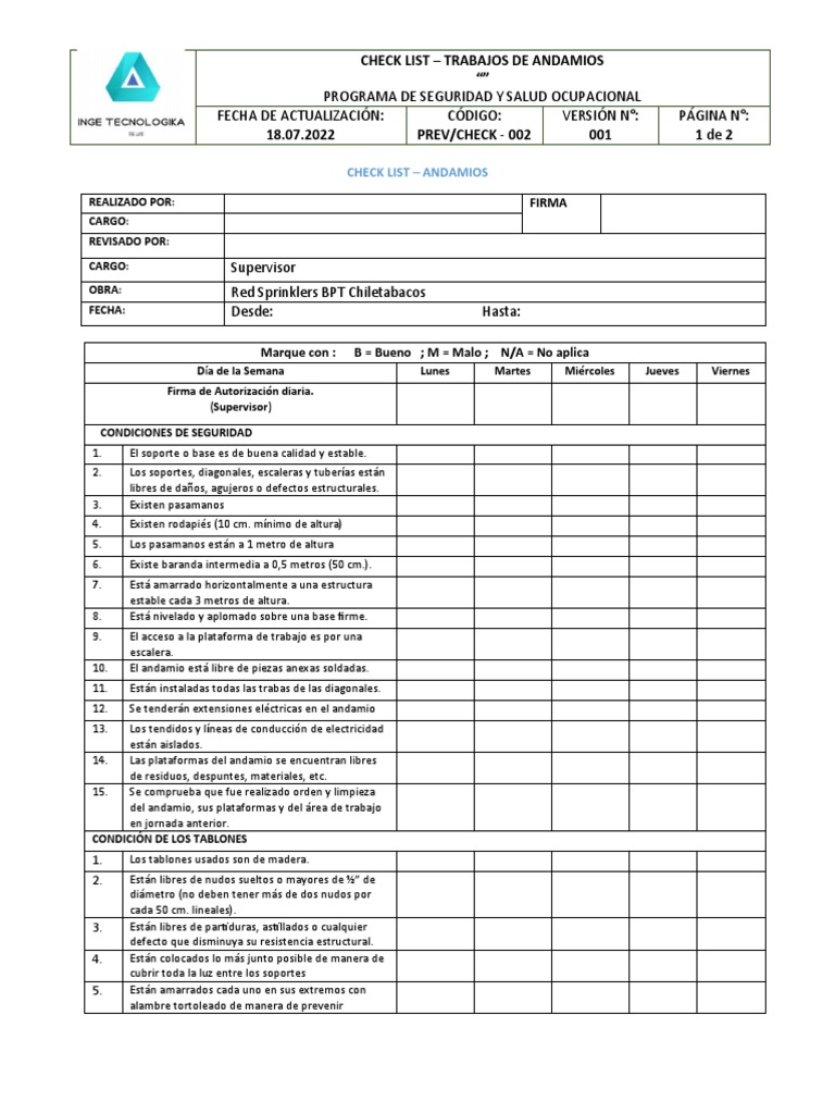 Checklist de Seguridad para Andamios | PDF | Andamio