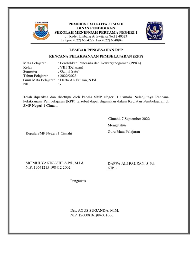 Lembar Pengesahan RPP Supervisi | PDF