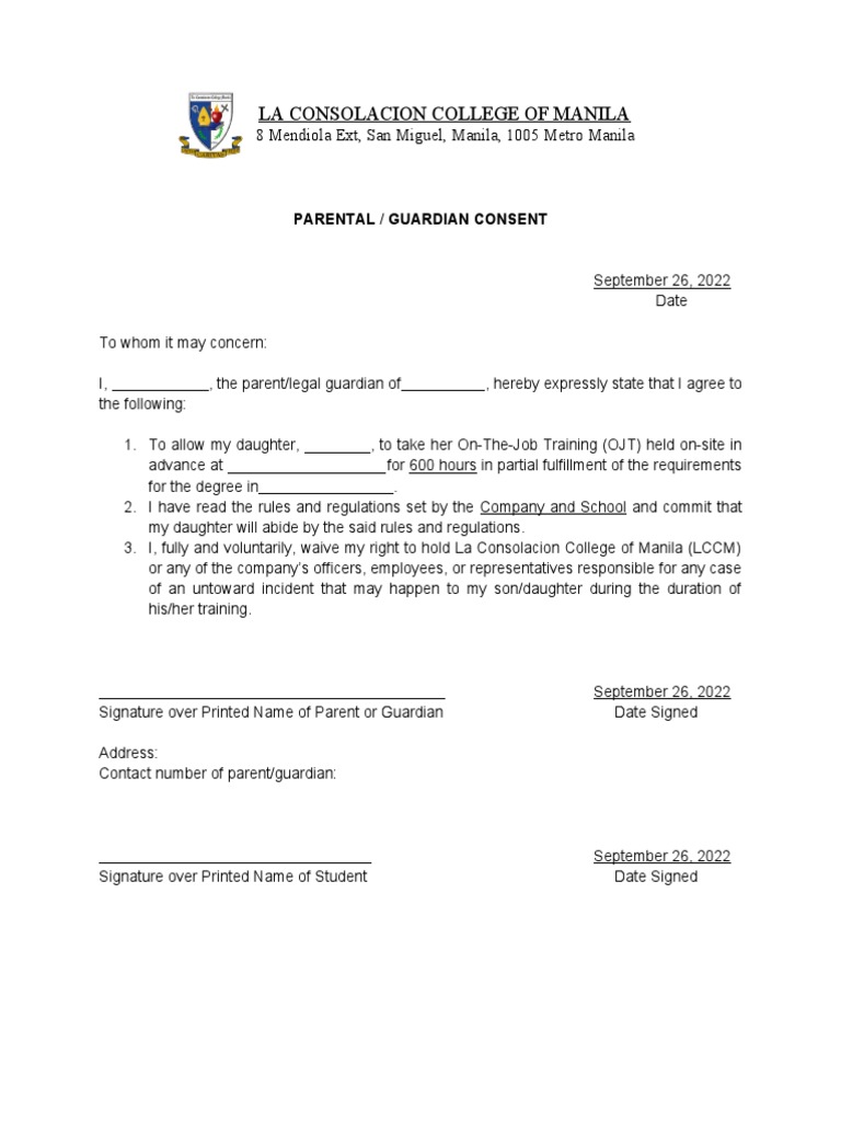 LCCM Parental Consent (Ojt) | PDF