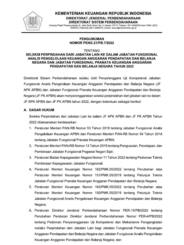 PENG-21.PB.7.2022 Seleksi Perpindahan Jabatan Lain Ke JF APK Dan JF PKAPBN | PDF