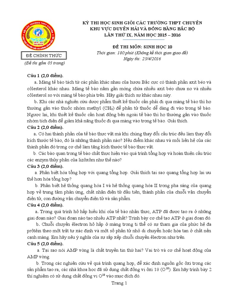 de Chinh Thuc Sinh 10 Duyen Hai 2016 | PDF