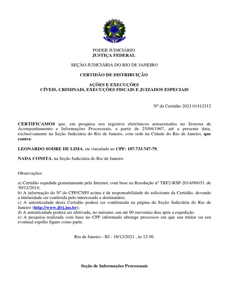 Certidao 2021 01412312 10773374779 BR Jus JFRJ Apolo | PDF