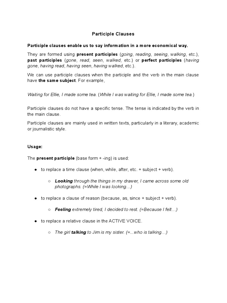 Participle Clauses - Explanation Eoi 2023 Feb | PDF | Verb | Linguistics