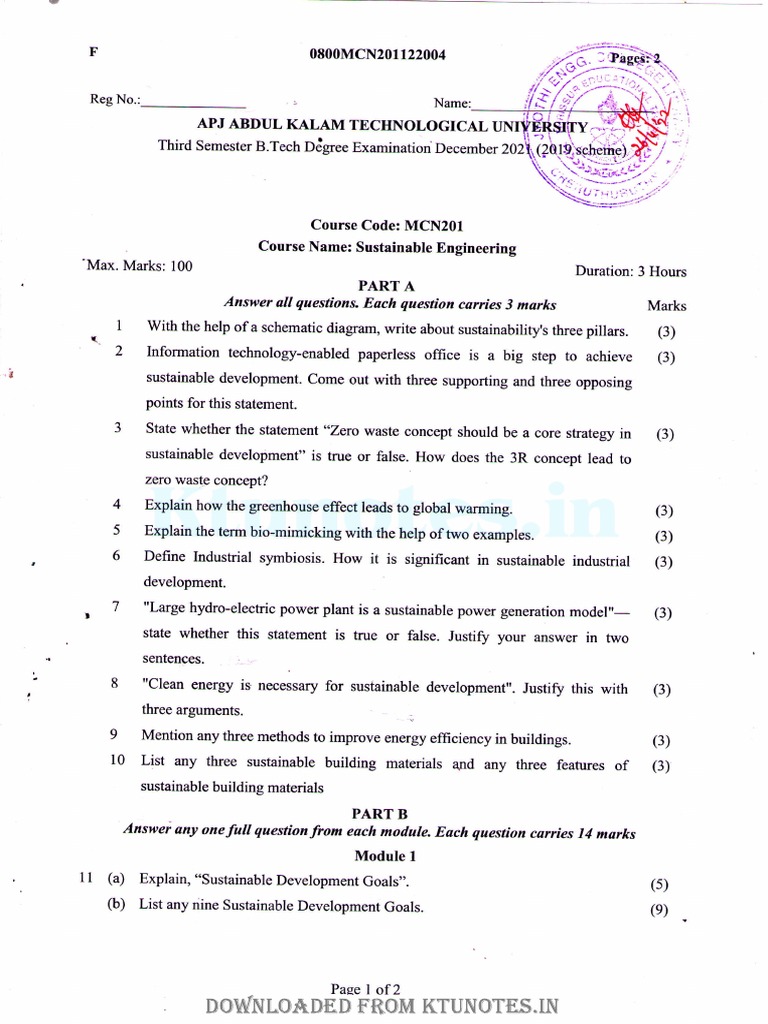 MCN201 Sustainable Engineering, December 2021 PDF | PDF | Clean ...