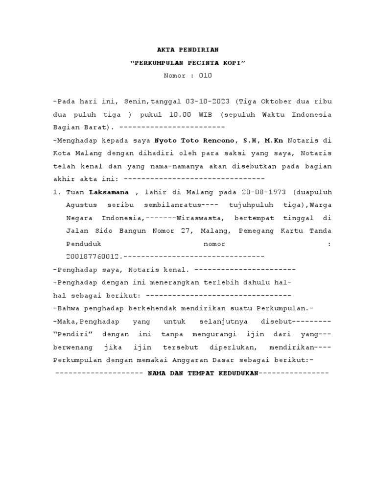 Akta Pendirian Perkumpulan | PDF