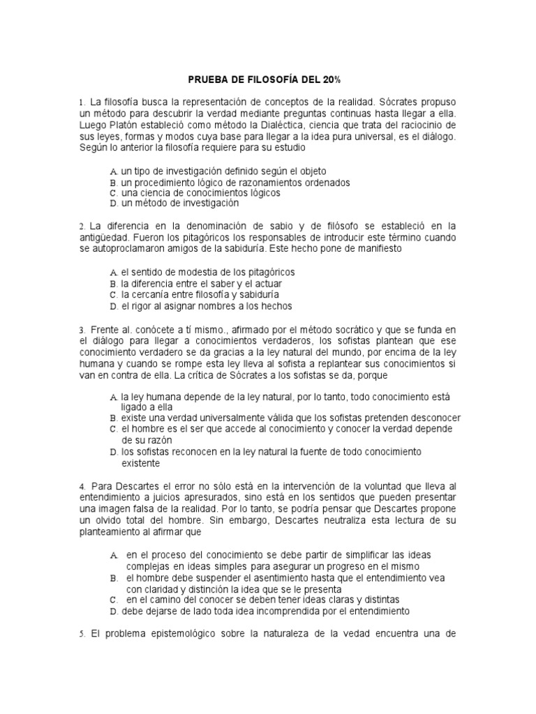 Prueba de filosofía sobre los orígenes y métodos de la filosofía, la naturaleza de la verdad y ...