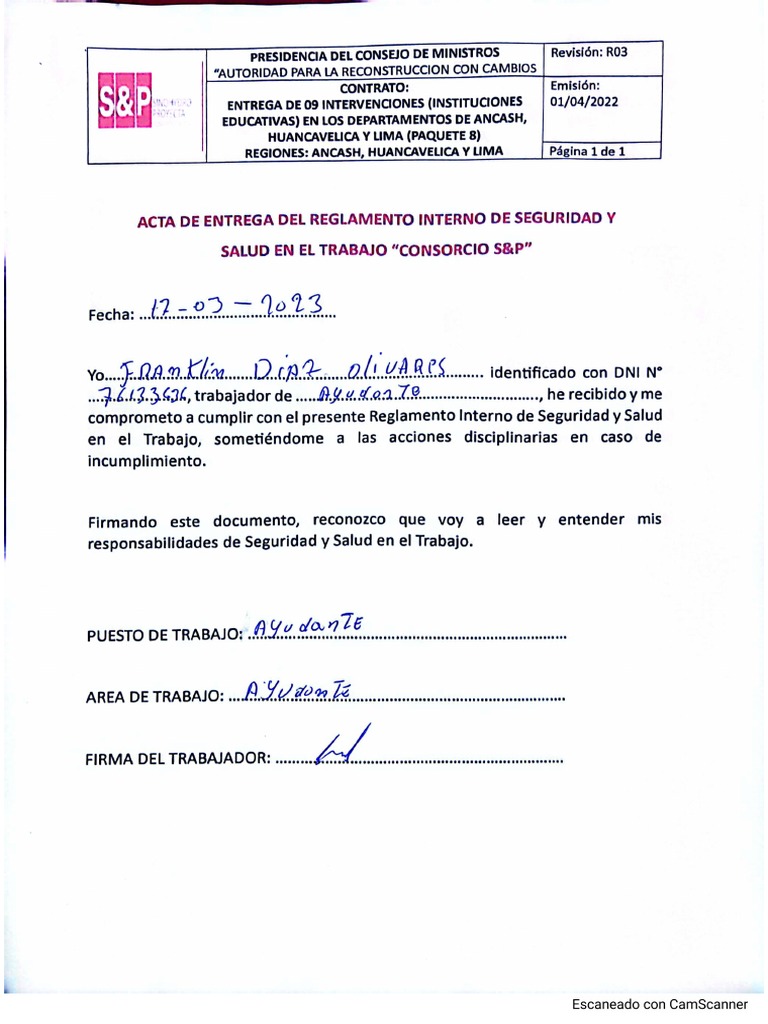 Acta de Entrega Del Reglamento Interno de Seguridad y Salud en El Trabajo Consorcio S&P | PDF