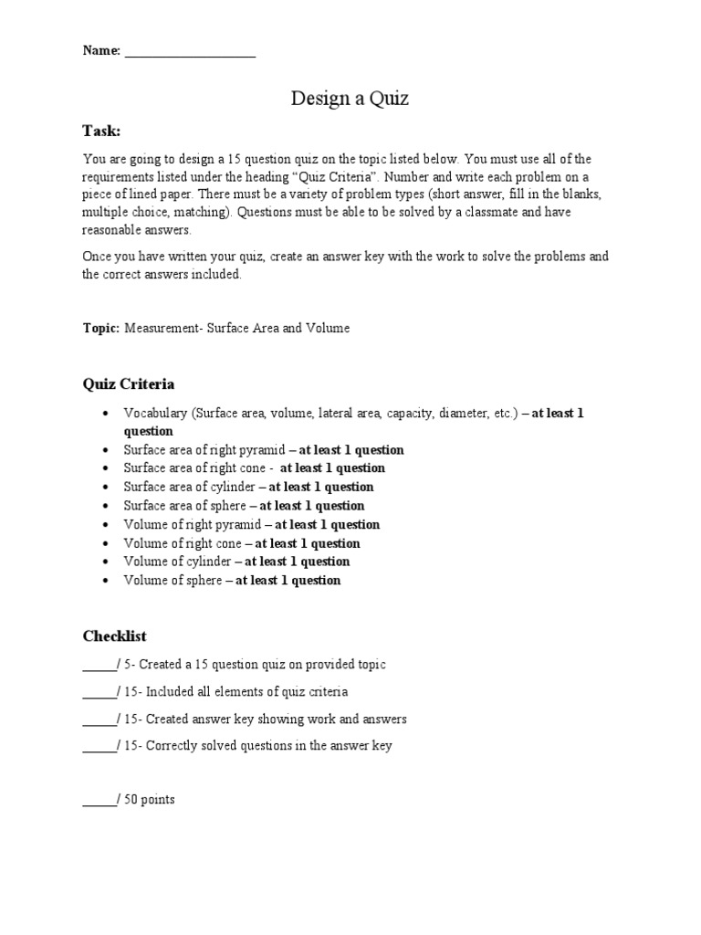 Design A Quiz - Suface Area and Volume | PDF