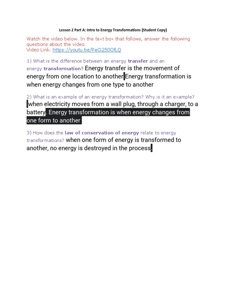 Lesson 2 Part A Intro To Energy Transformations - Student | PDF