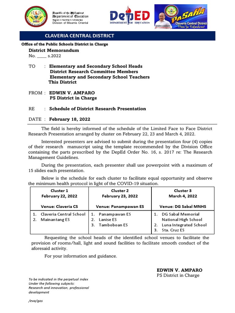 District Memo On Action Research Presentation 2022 | PDF