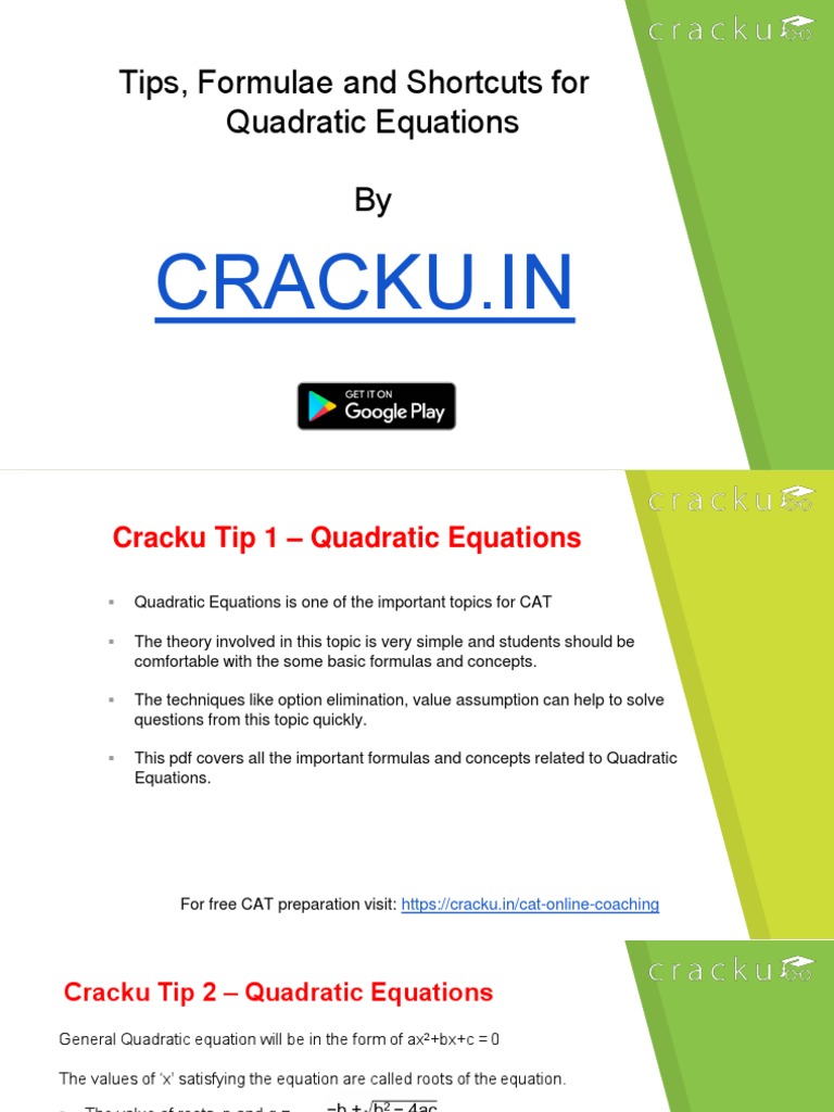 CAT Quadratic Equations Notes+Questions PDF | PDF | Quadratic Equation ...