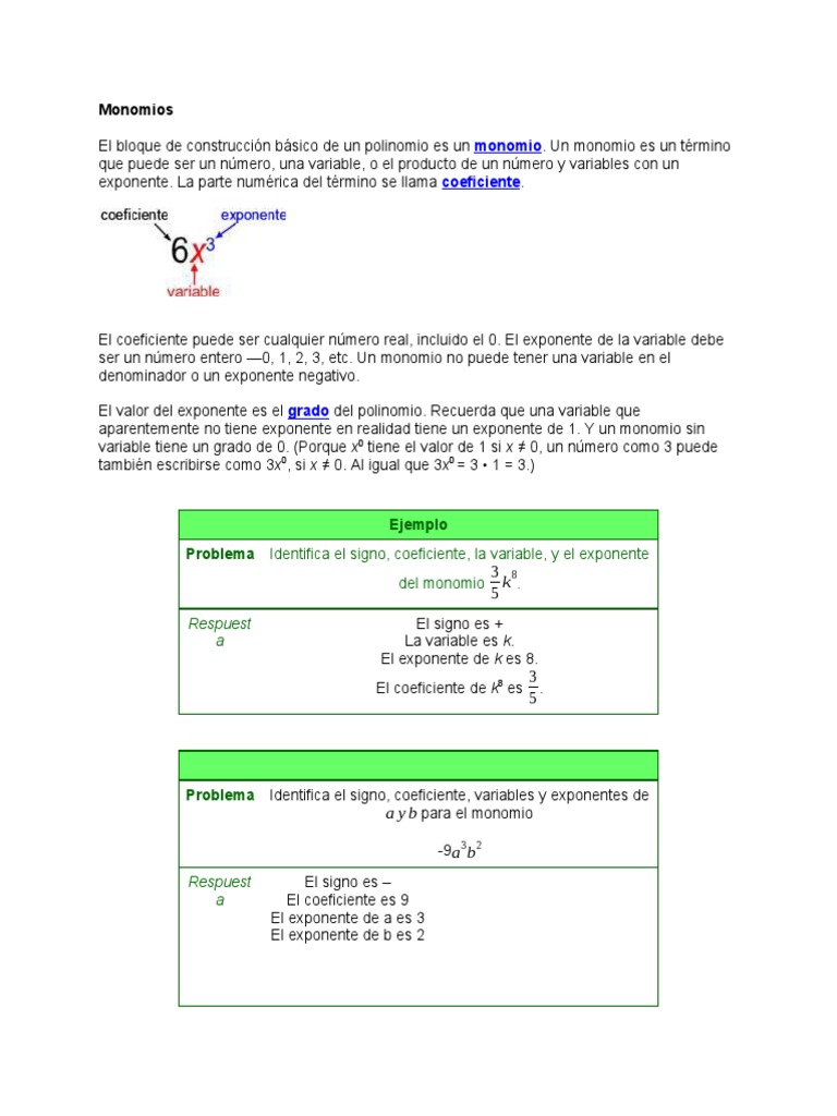Signo, Coeficiente, Variable y Exponentes Dee Un Monomio | PDF