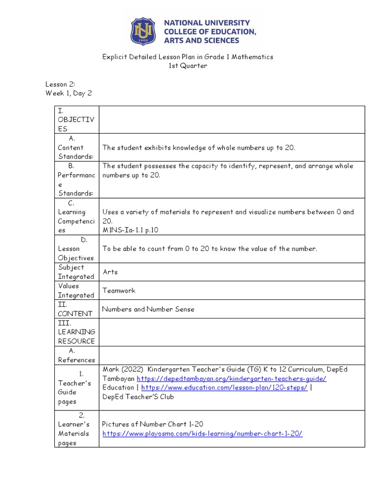 Math Lesson Plan Format - Number Sense 1-20 | PDF | Teachers | Lesson Plan