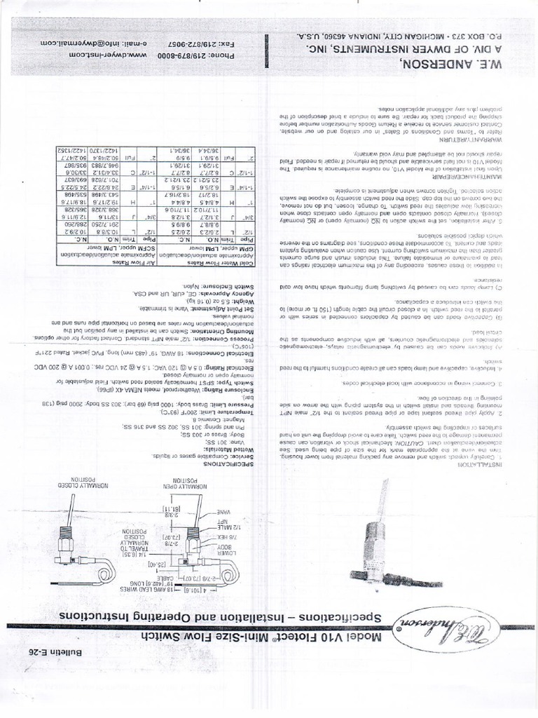 Mini Size Flow Switch WE Anderson Model V10 Flotech PDF | PDF