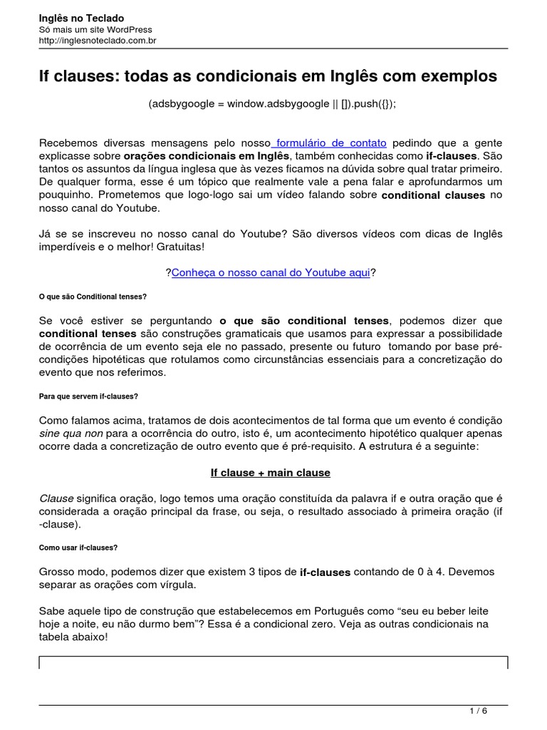 If Clauses Todas As Condicionais em Ingles Com Exemplos PDF | PDF ...
