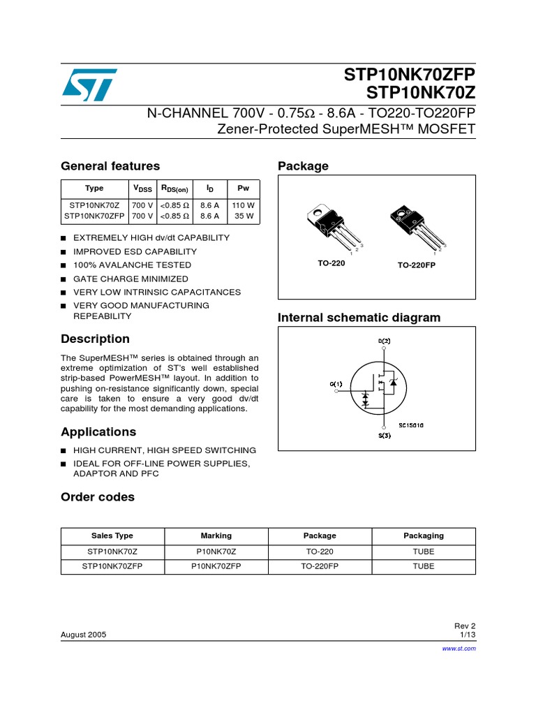 STP 10 NK 70 ZFP | PDF | Diode | Field Effect Transistor