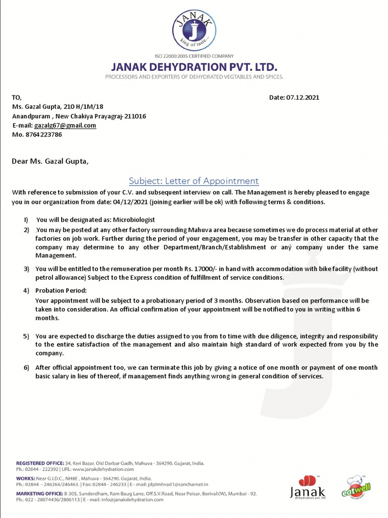 Gazal Gupta Appointment Letter PDF | PDF | Private Law | Government